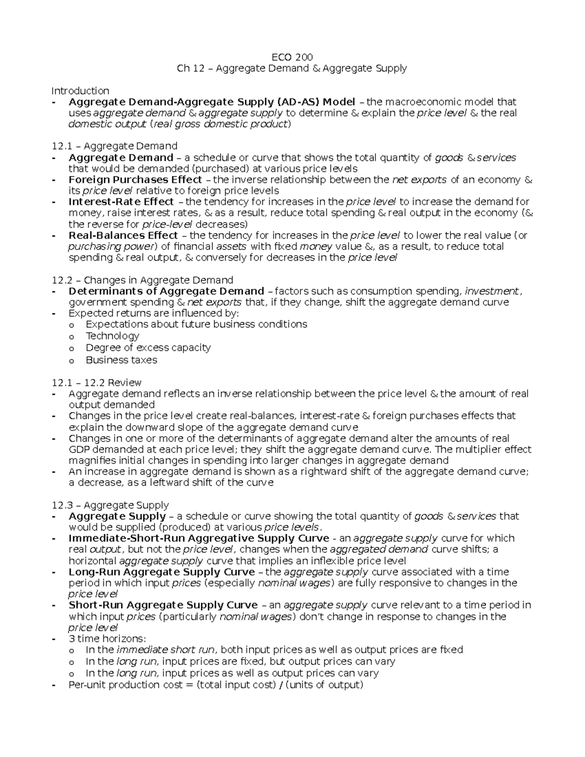 ECO Ch 12 notes - Summary Macroeconomics - ECO 200 Ch 12 – Aggregate ...