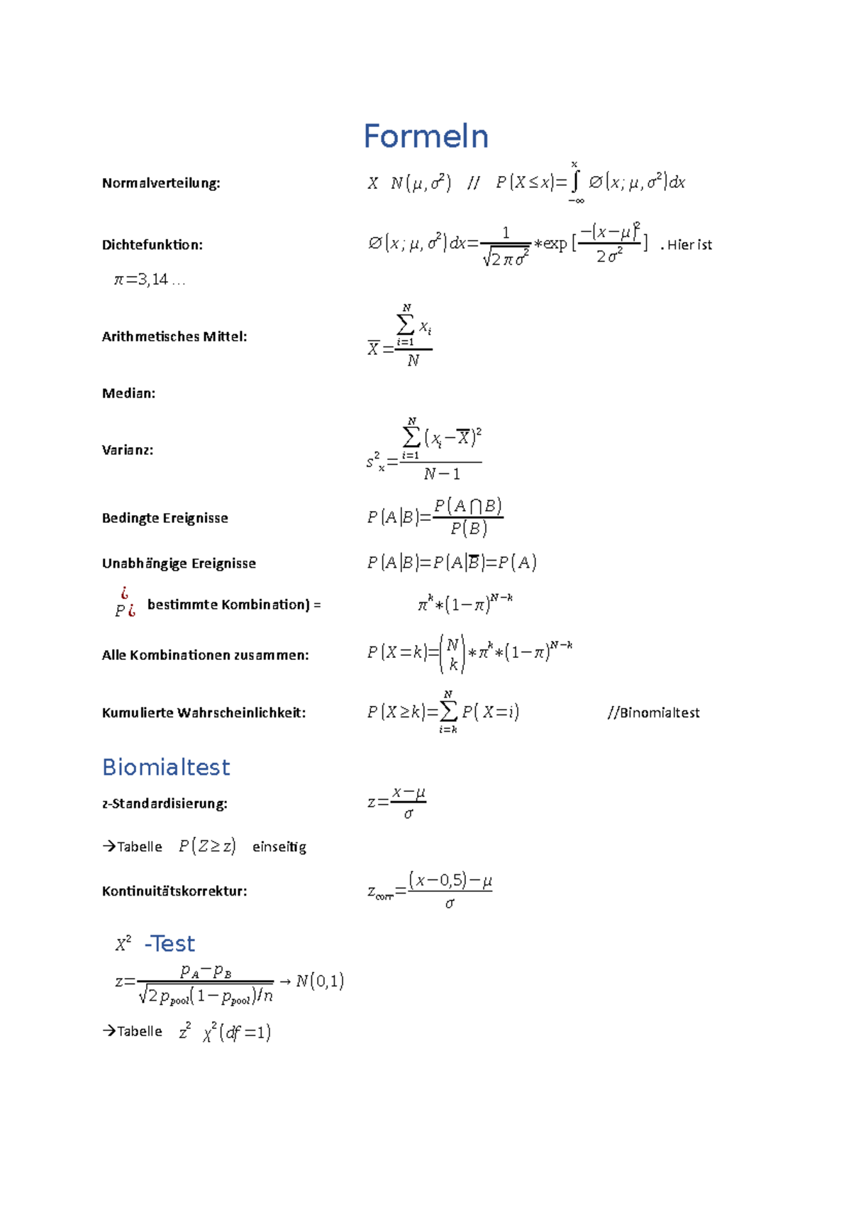 Formelsammlung Statistik - Formeln x Normalverteilung: 2 2 X N , ) P ...