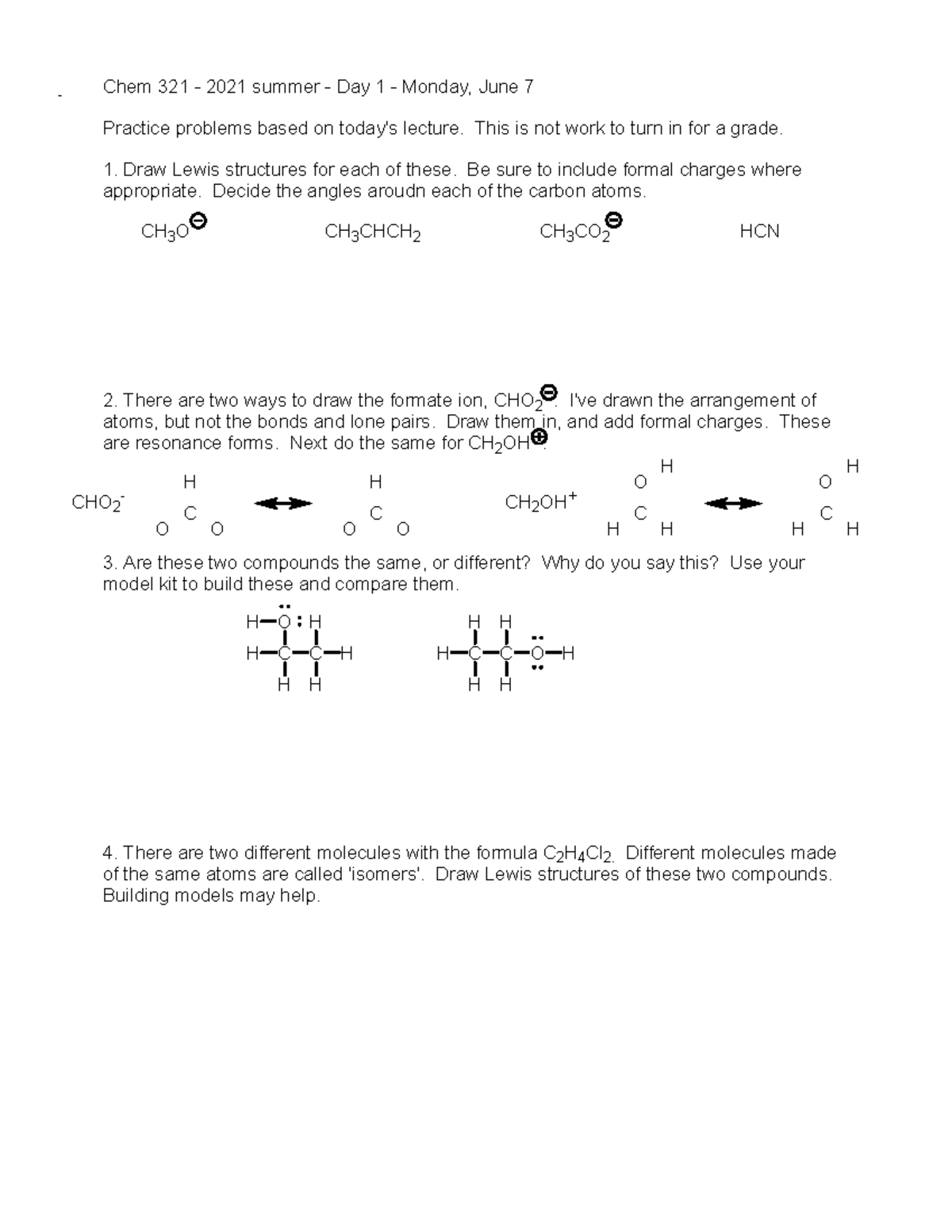 Chem 321 2021 summer problems day 1 - Practice problems based on today ...