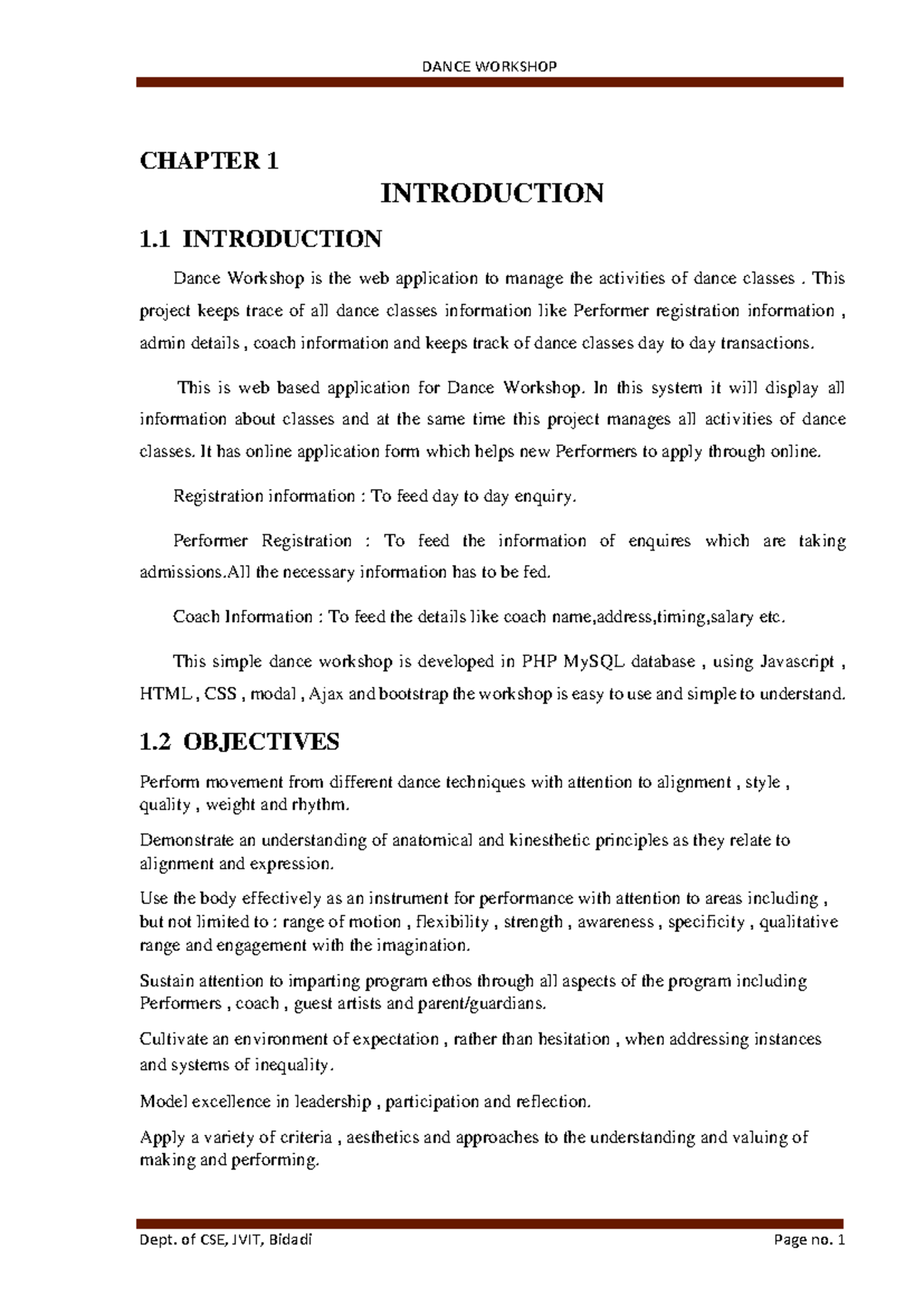 Dance report - Good - Dept. of CSE, JVIT, Bidadi Page no. 1 CHAPTER 1 ...