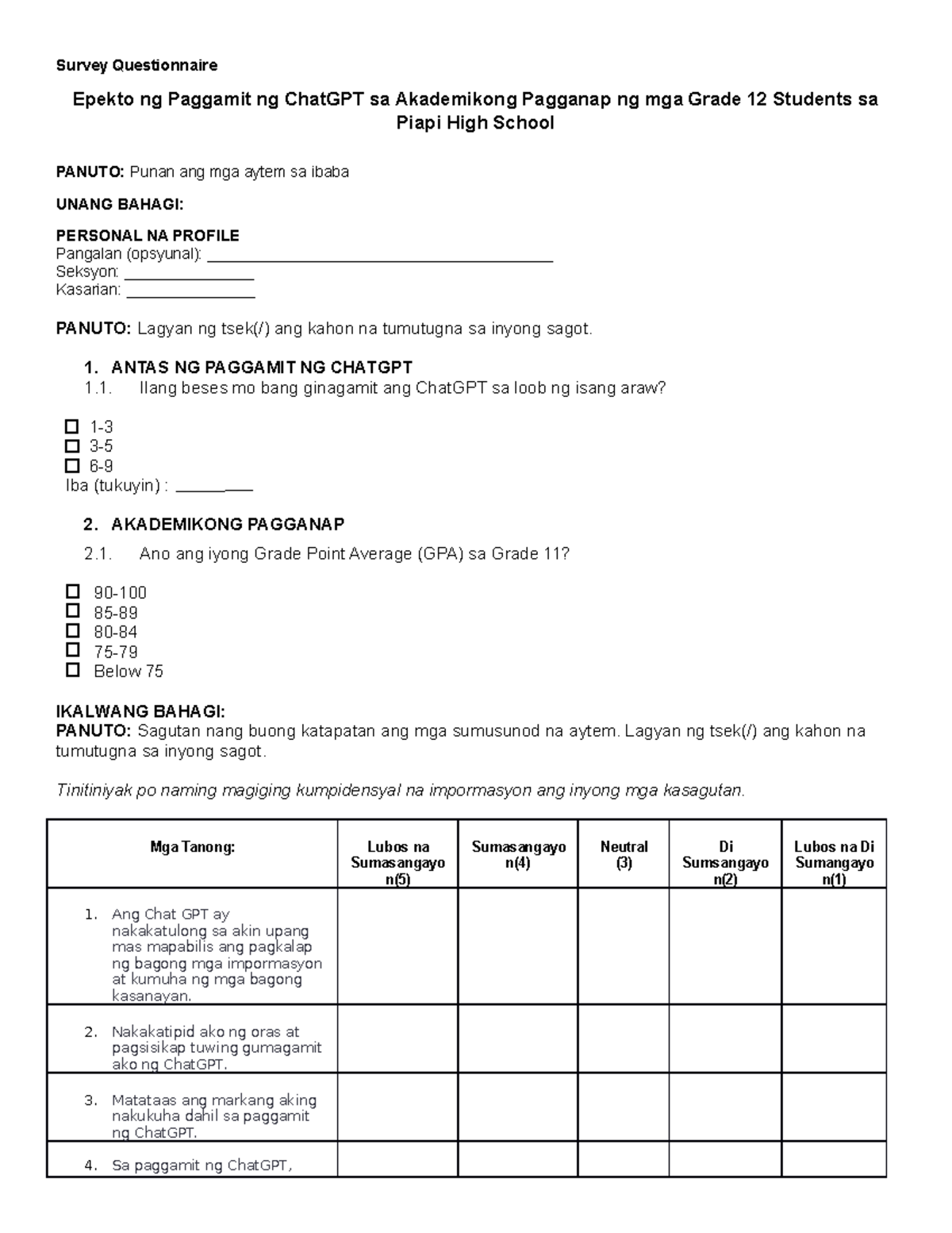 Questionnaire - hatdohg - Survey Questionnaire Epekto ng Paggamit ng ...