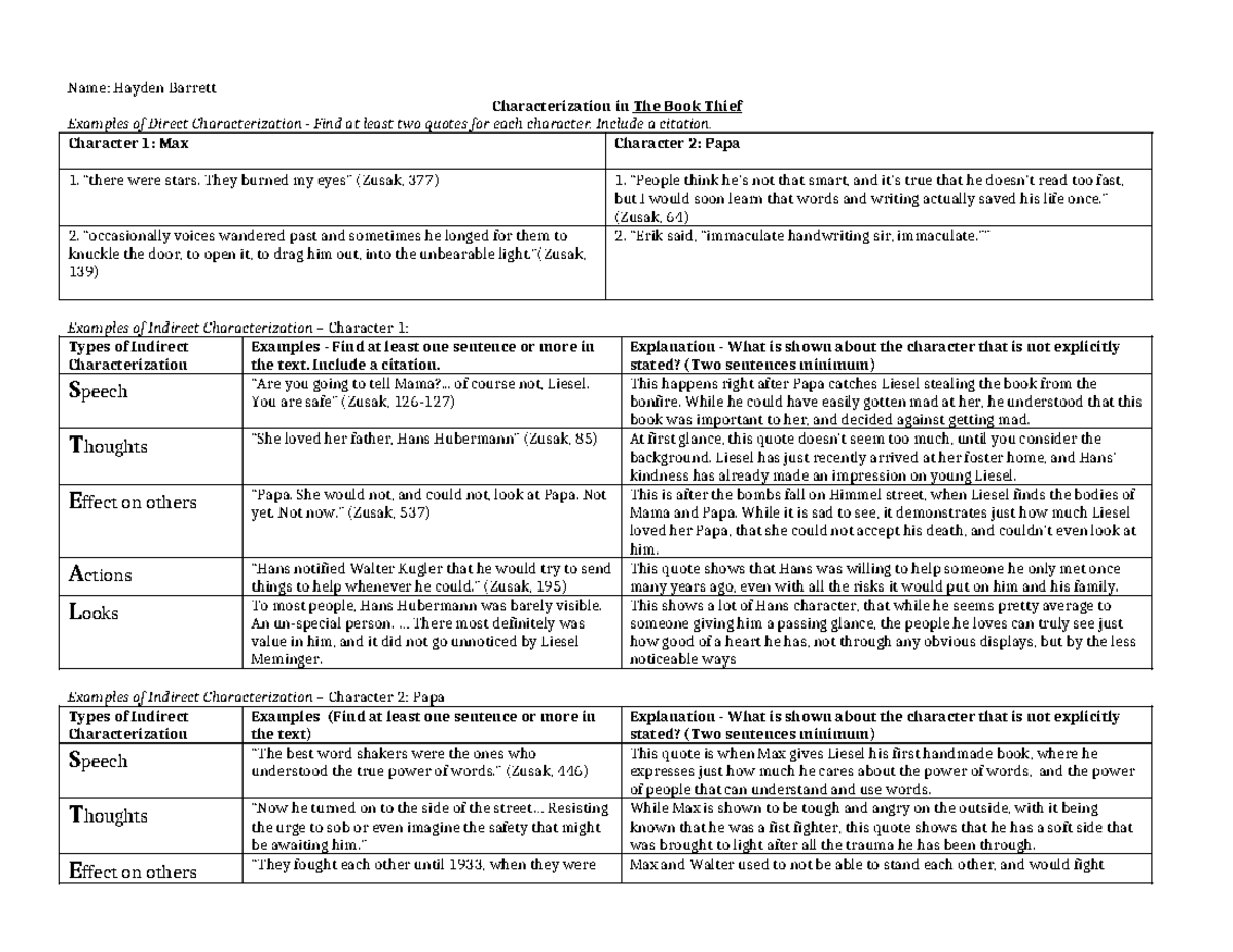 Copy of Characterization in The Book Thief 23-24-1 - Name: Hayden ...