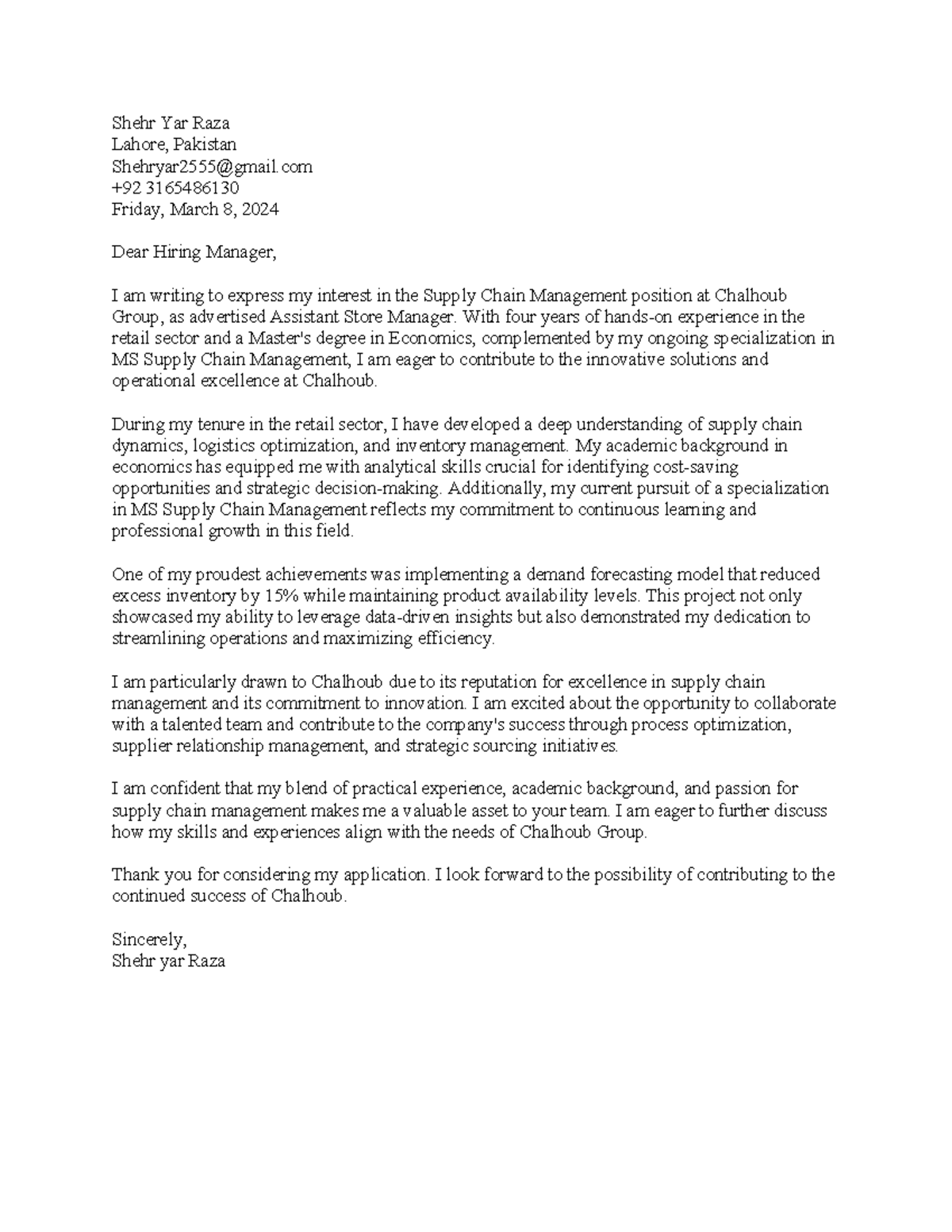 Cover letter - Shehr Yar Raza Lahore, Pakistan Shehryar2555@gmail +92 ...