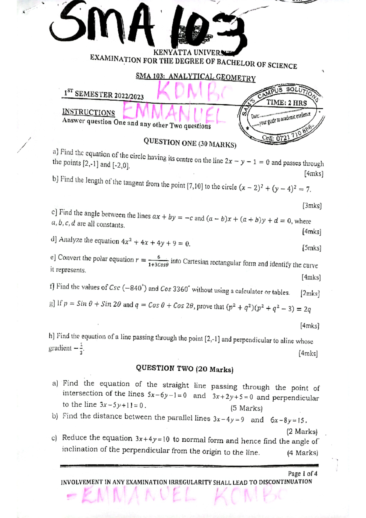 SMA 103..𝐊𝐎𝐌𝐁𝐎... Revision Papers - Mathematics and computer science - Studocu