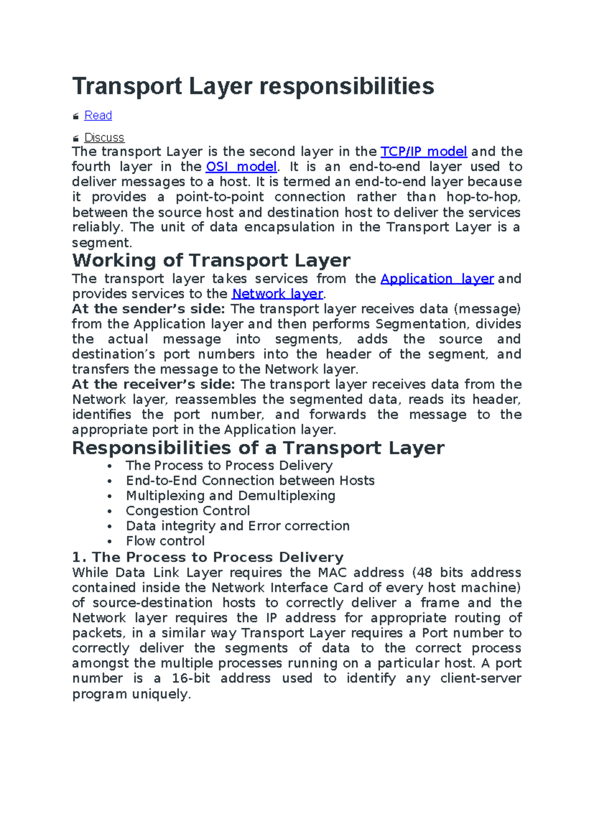 Chapter 5 Transport Layer - Transport Layer responsibilities Read ...