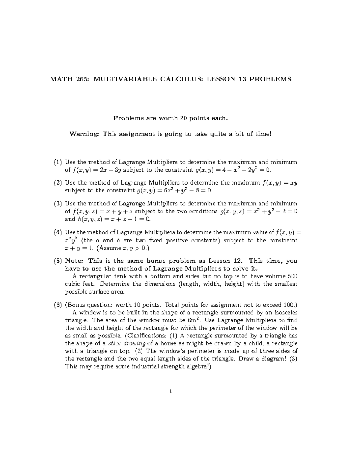 L13 Problems - Lecture 13 HW - MATH 265: MULTIVARIABLE CALCULUS: LESSON 13 PROBLEMS Problems are ...