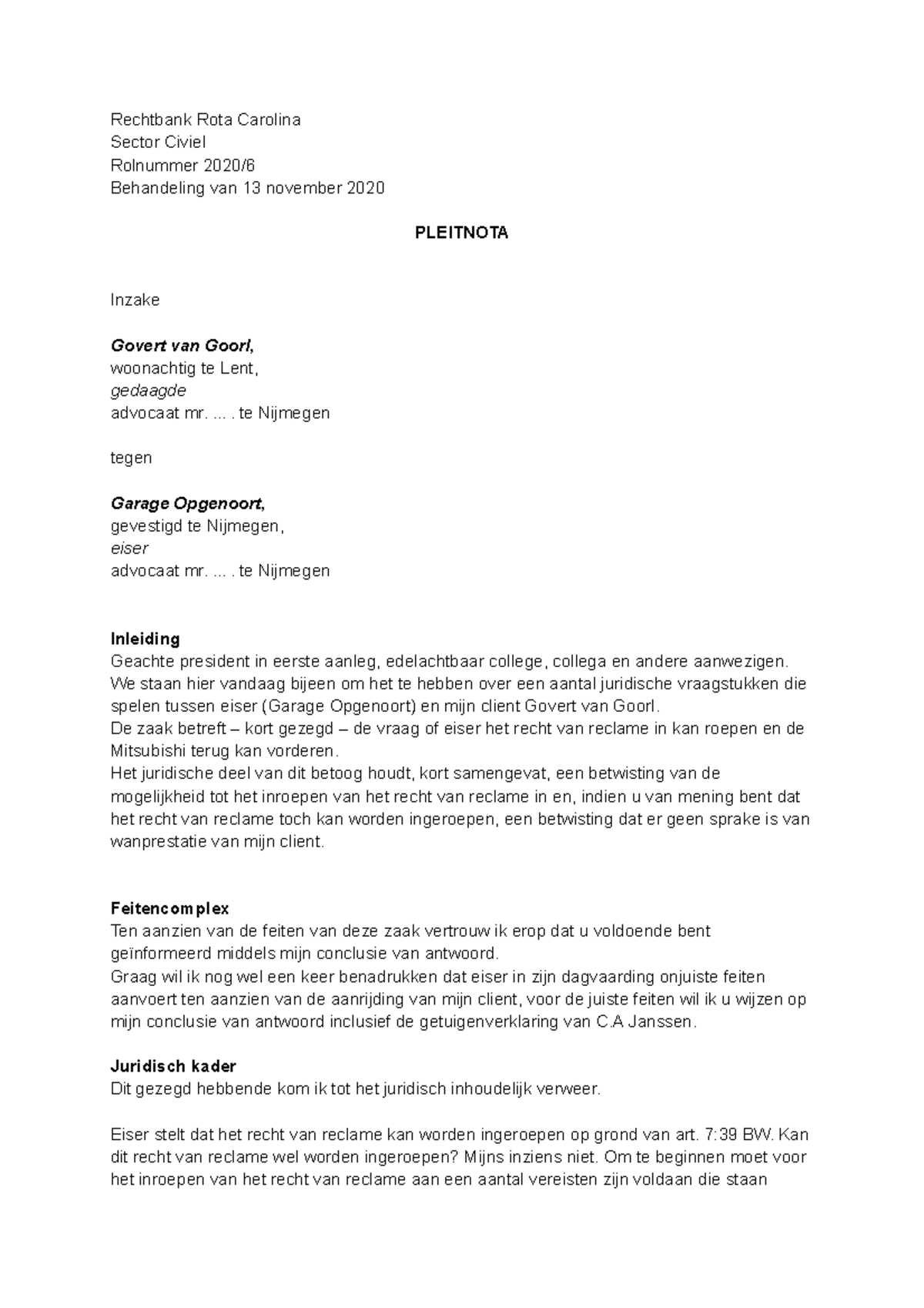Pleitnota Rota Carolina - Rechtbank Rota Carolina Sector Civiel ...