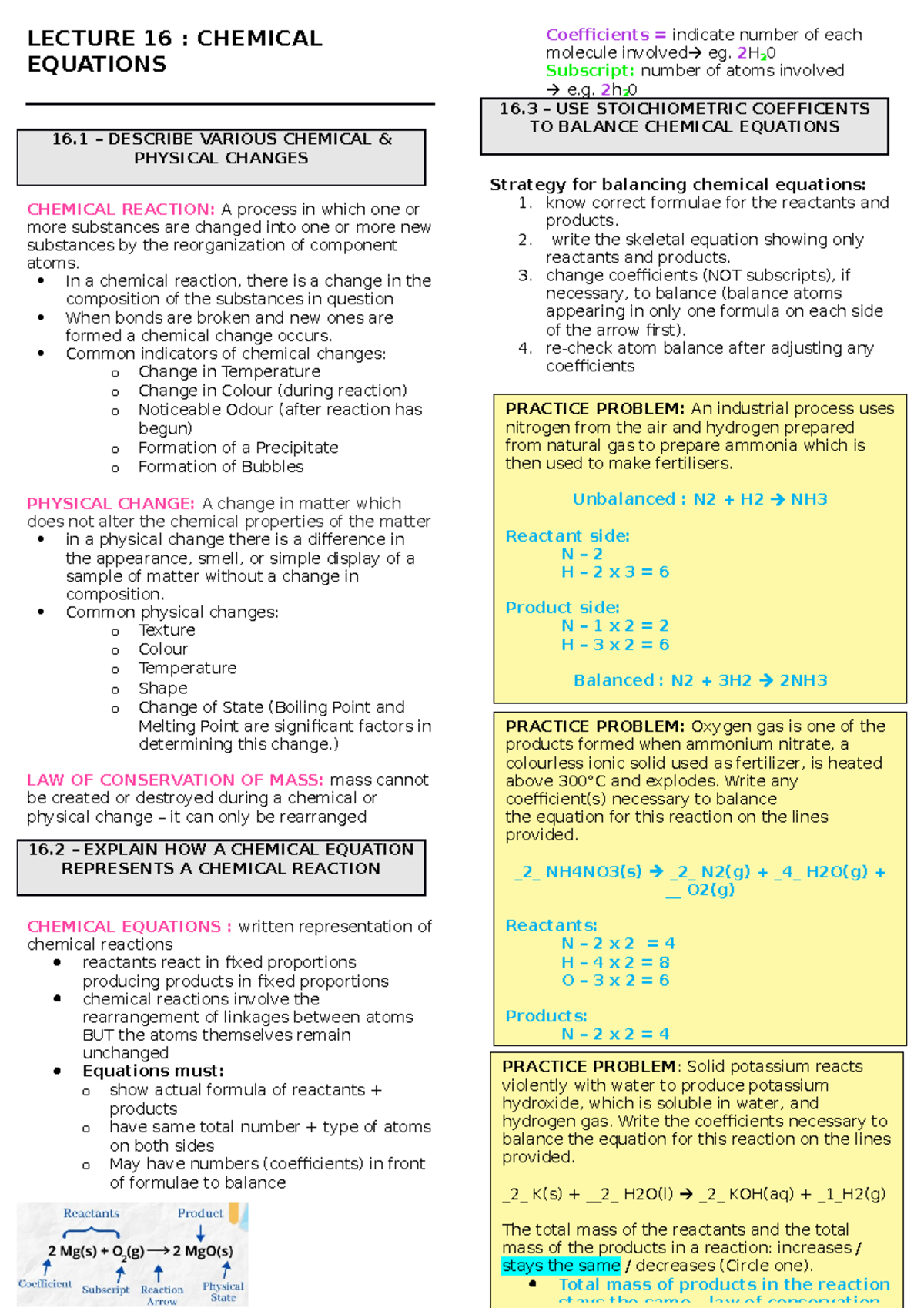 3. Handout 3 - Notes - LECTURE 16 : CHEMICAL EQUATIONS 16 – DESCRIBE ...