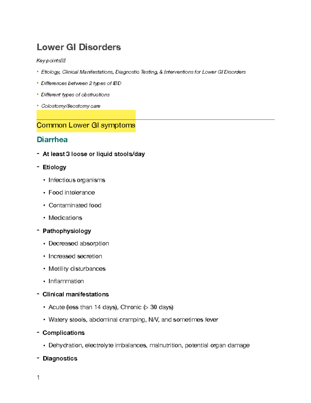 Medsurg- EXAM 2 Lower GI (detailed review) - Lower GI Disorders Key ...