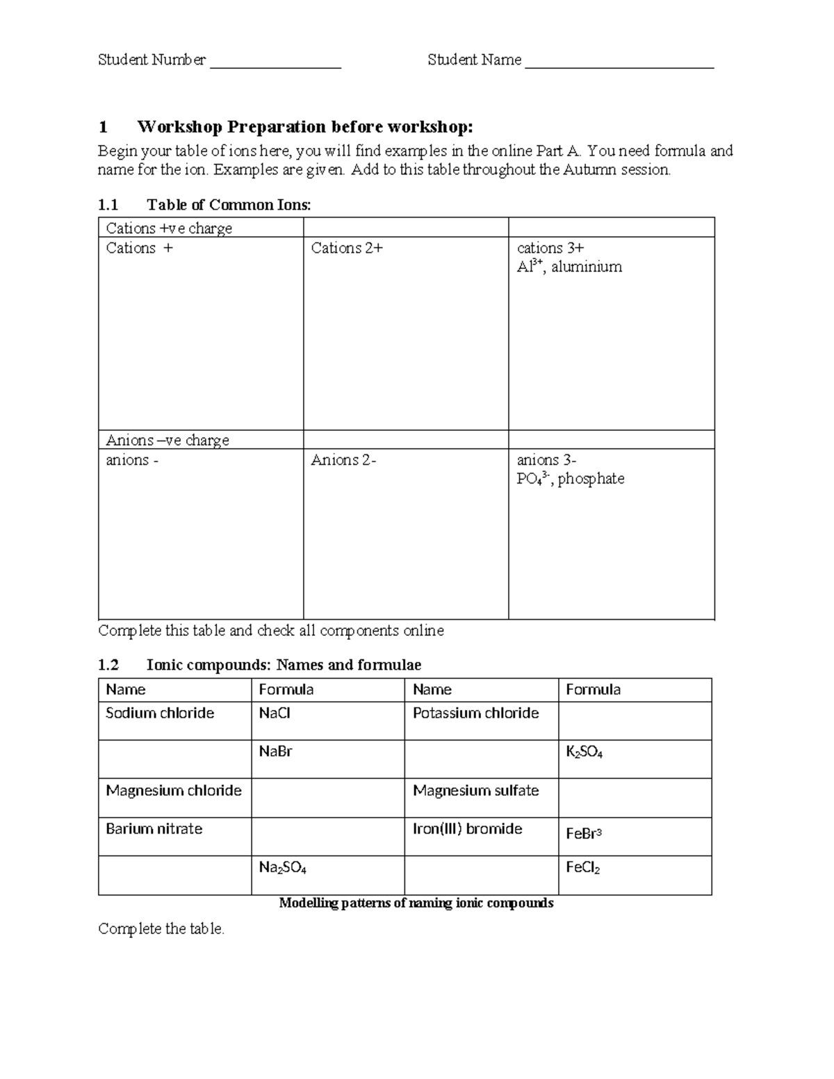 Workshop 1 Part A Preparation before workshop - Student Number ...