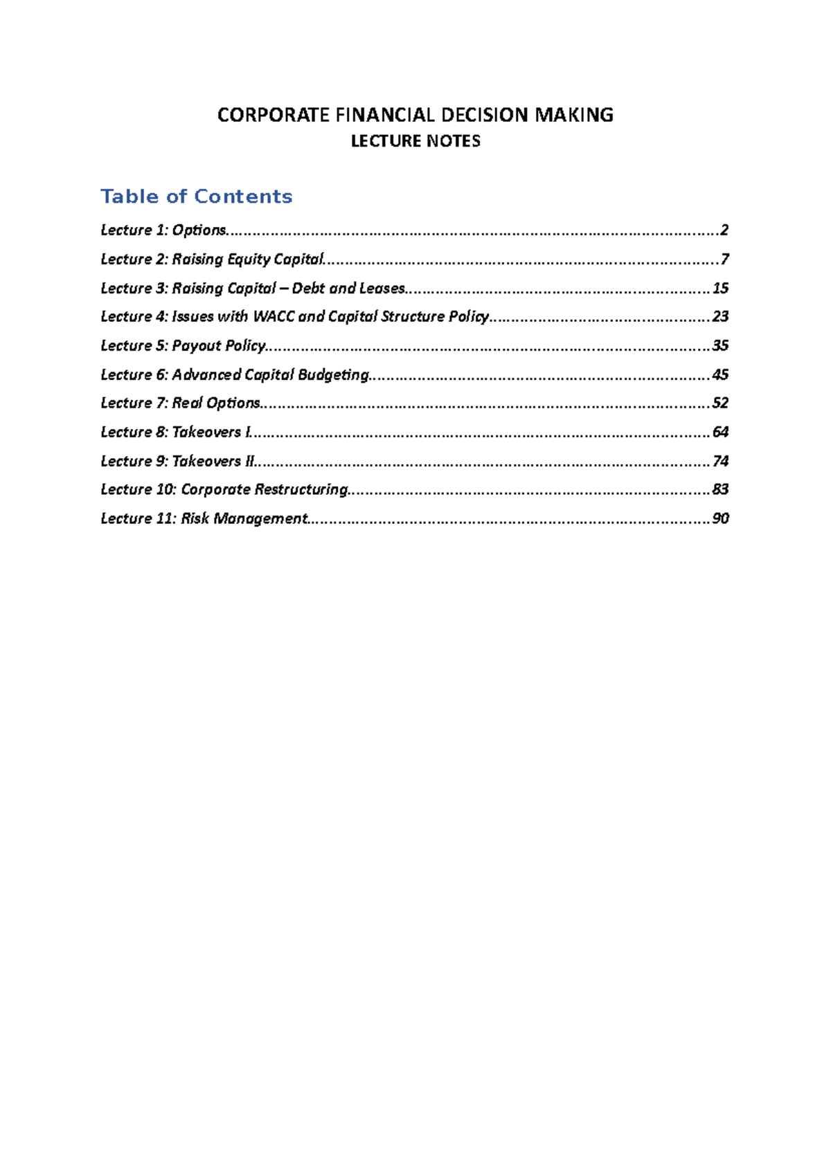 CFDM Notes - FNCE20005 - Unimelb - Studocu
