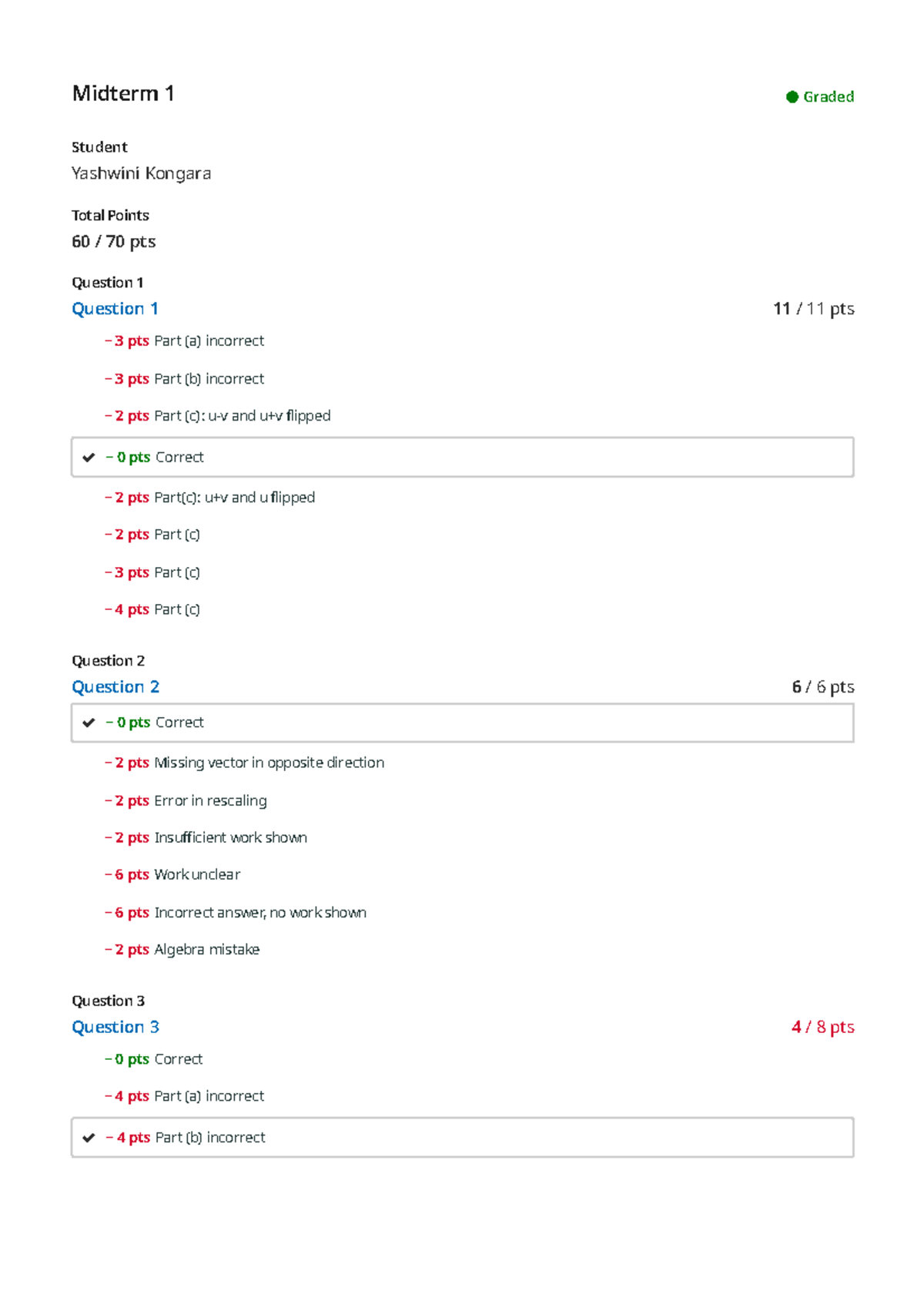 Midterm 1 Fall 2023 - Midterm 1 Graded Student Yashwini Kongara Total Points 60 / 70 pts ...