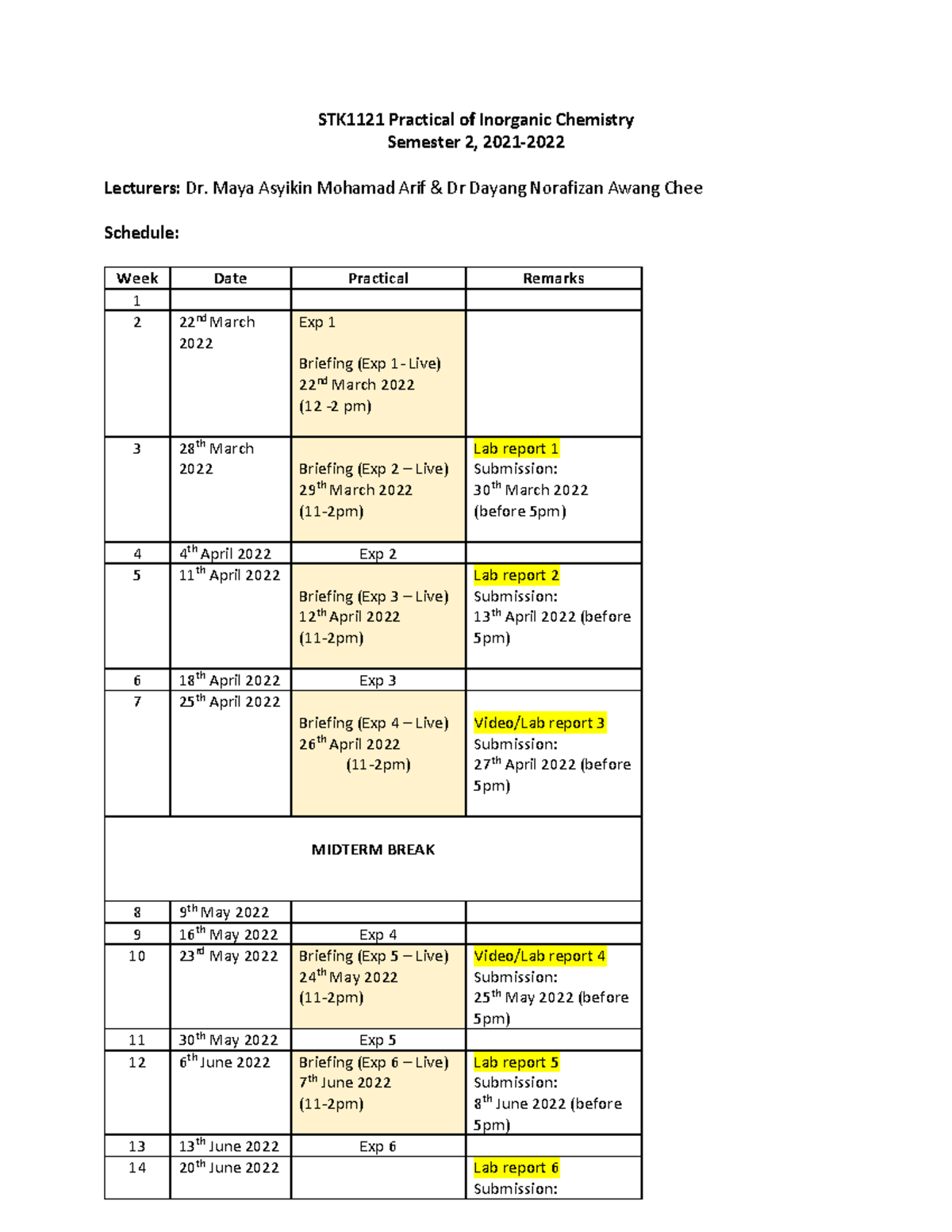 Schedule rubric manual prac organic - STK1121 Practical of Inorganic ...