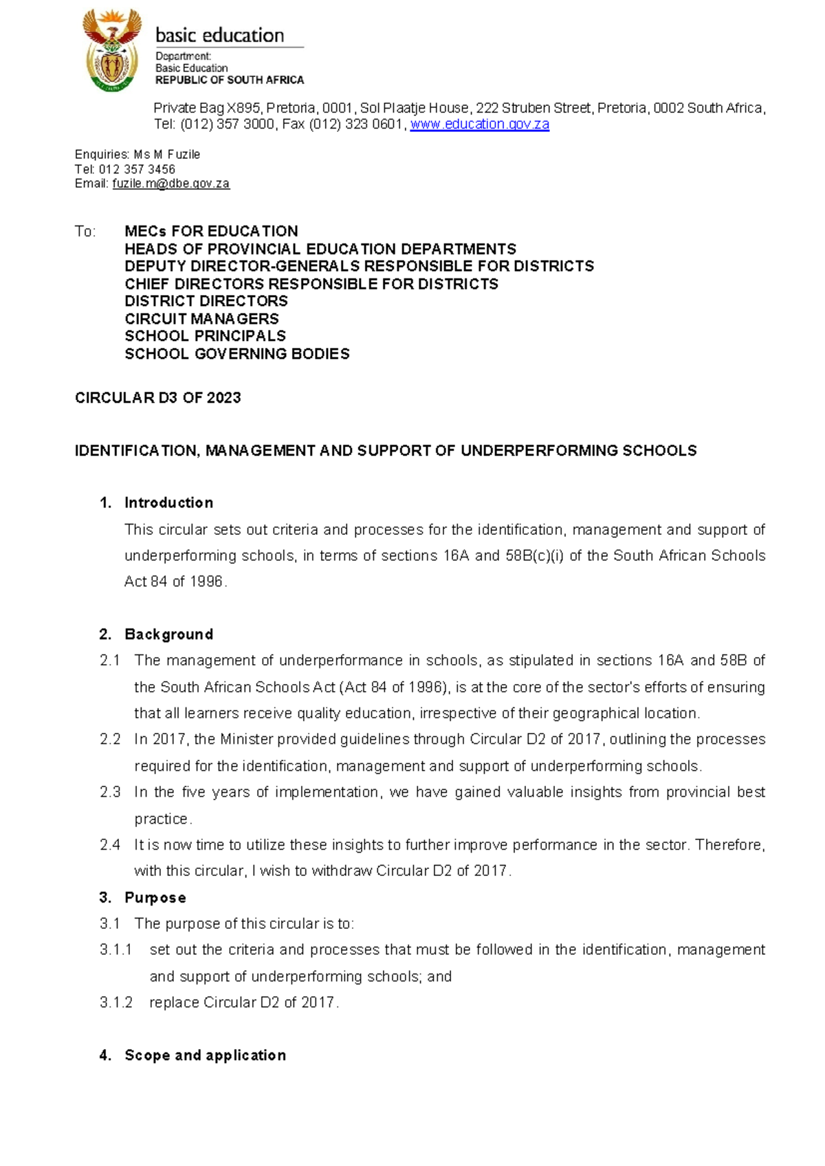 16 DBE Circular D3 of 2023 Revised Circular - Private Bag X895 ...