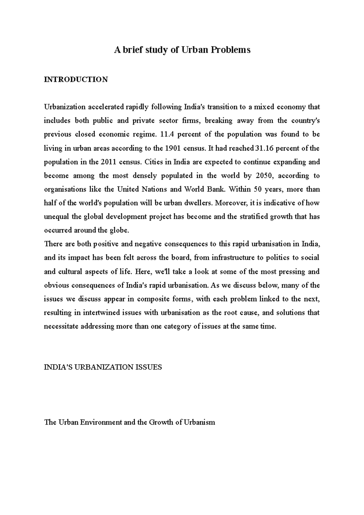 A brief study of Urban Problems - A brief study of Urban Problems ...