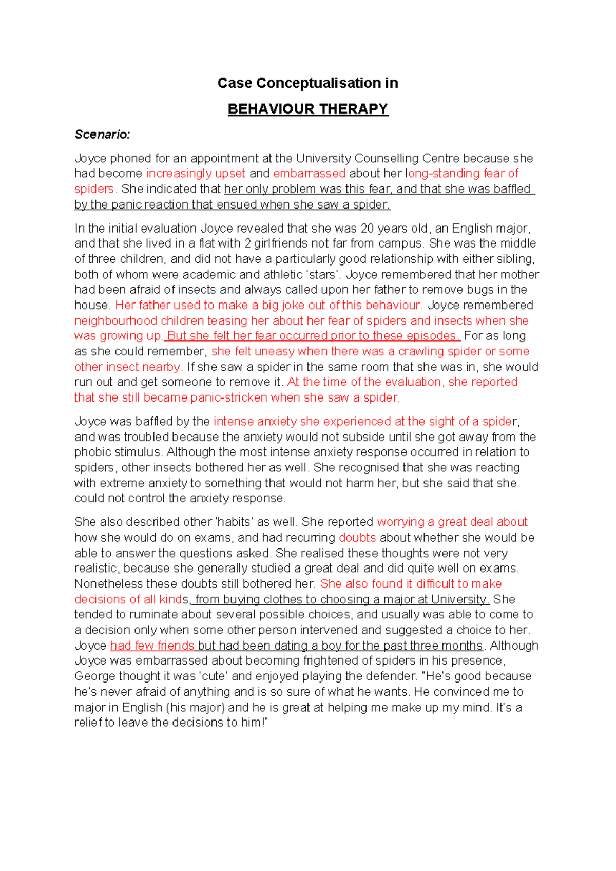 Behaviour therapy case study - Case Conceptualisation in BEHAVIOUR THERAPY Scenario: Joyce ...