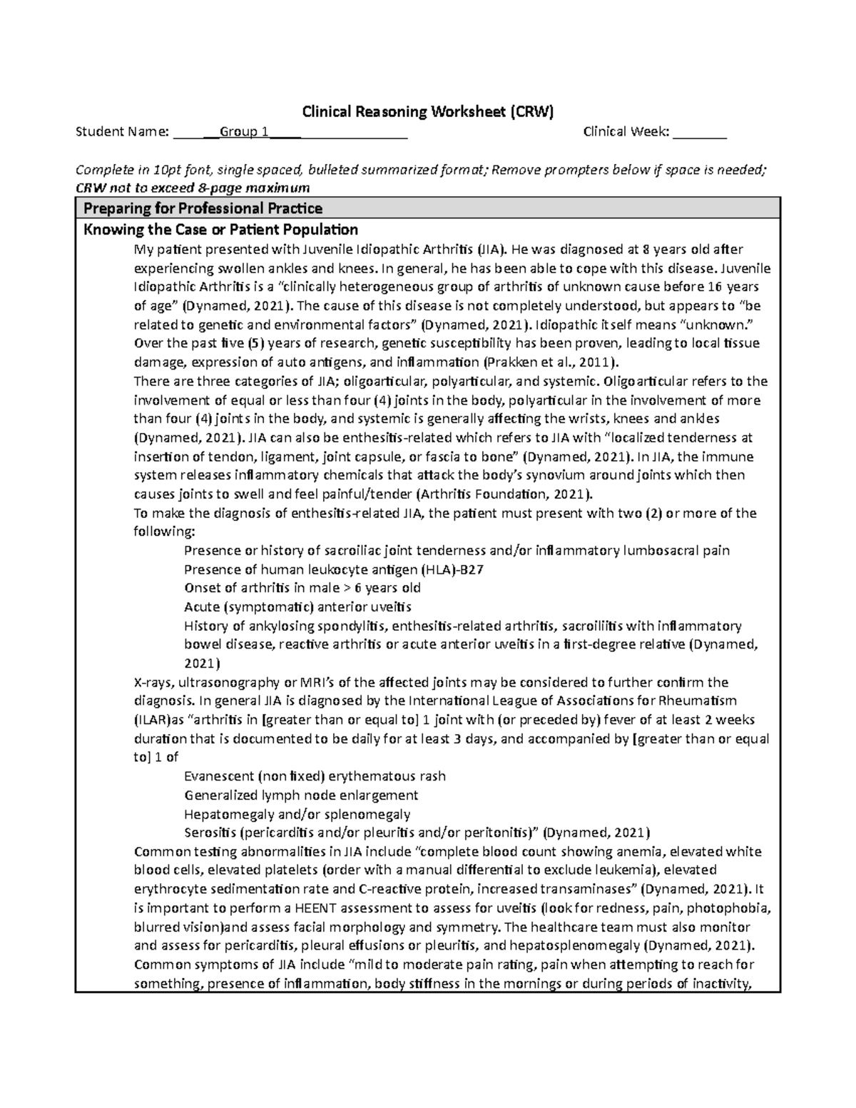 JIA CRW - Clinical Reasoning Worksheet (CRW) Student Name: Group 1 ...