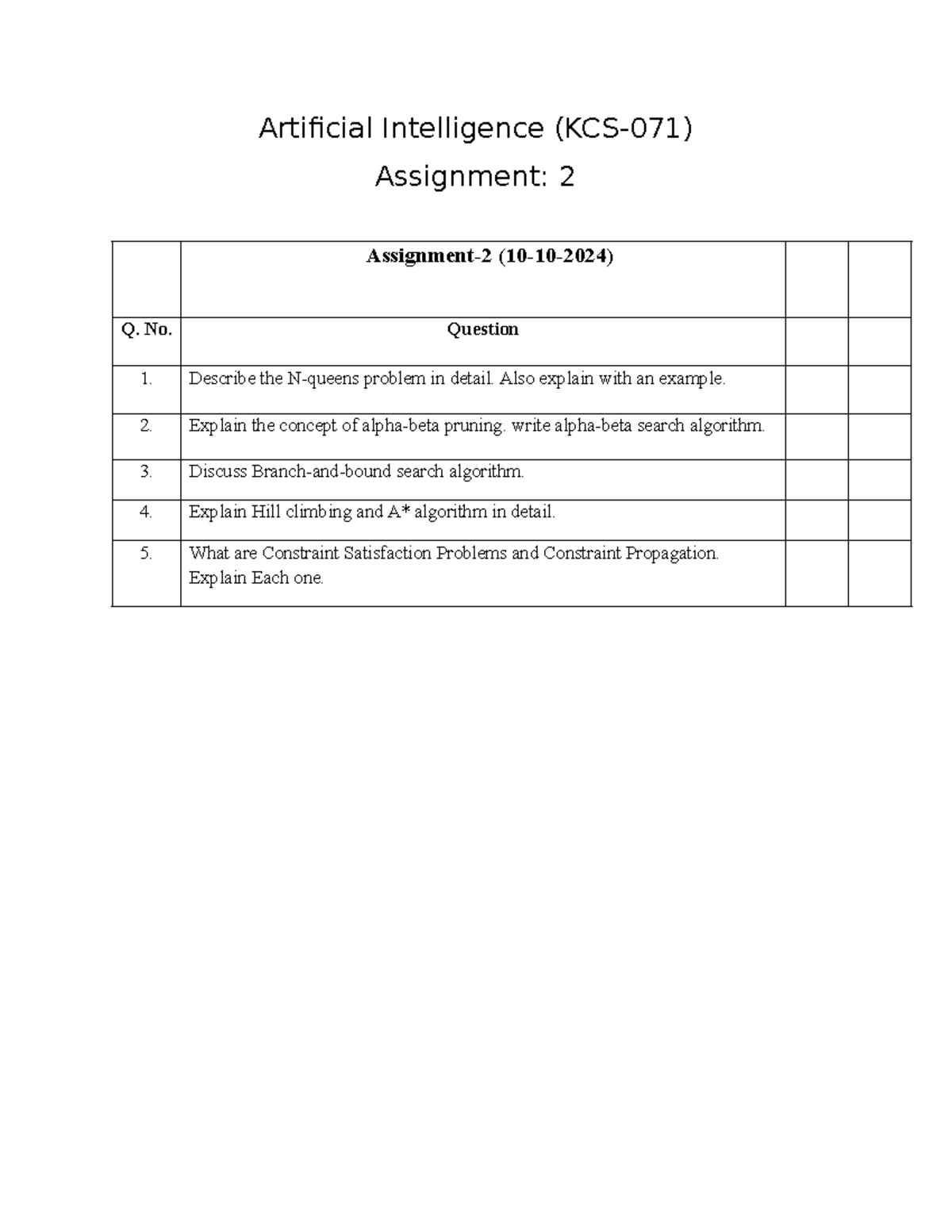 AI (KCS-071) assignment 2 - B.tech - Artificial Intelligence (KCS-071) Assignment: 2 Assignment ...