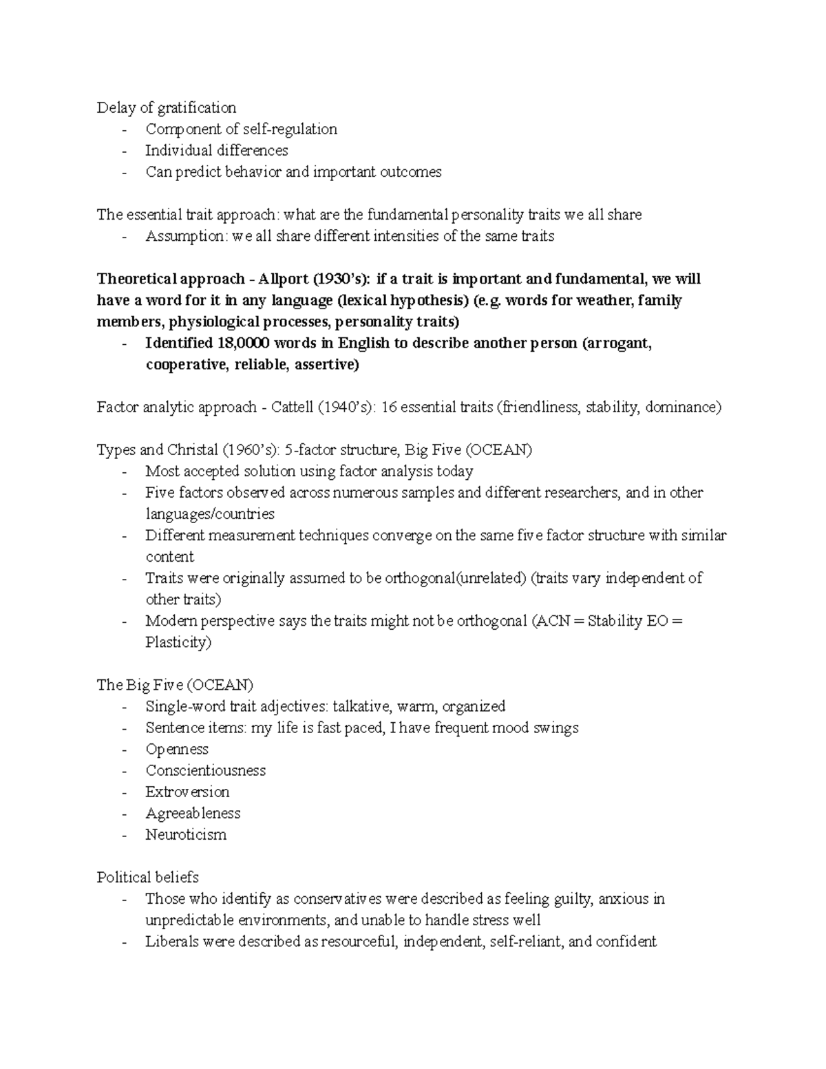 Chapter 6 Notes The Big Five and Modern Trait Theory - Delay of ...