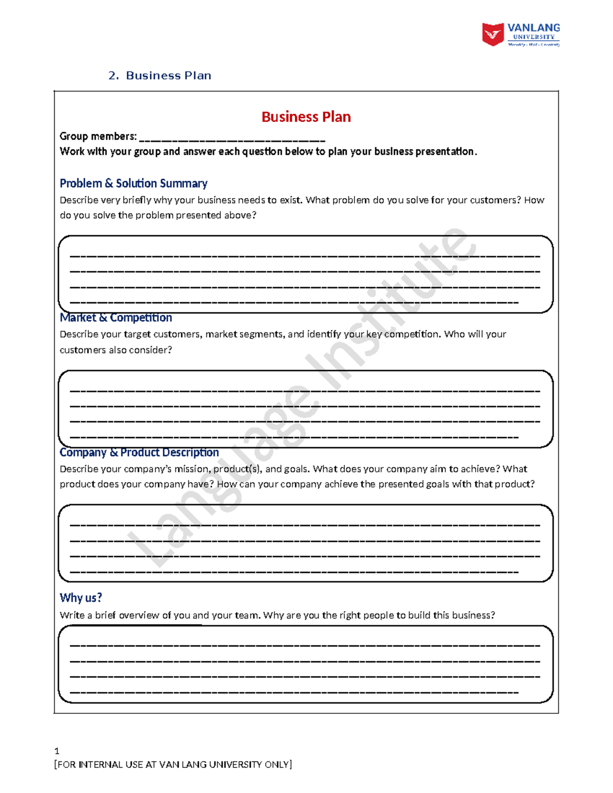 Phase 2 Business Plan Template - 2. Business Plan Business Plan Group ...