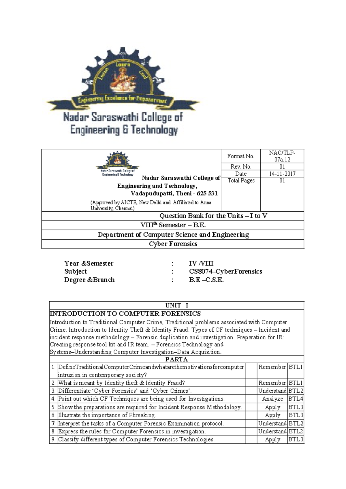 Cs8074-cyber-forensics - Nadar Saraswathi College of Engineering and ...