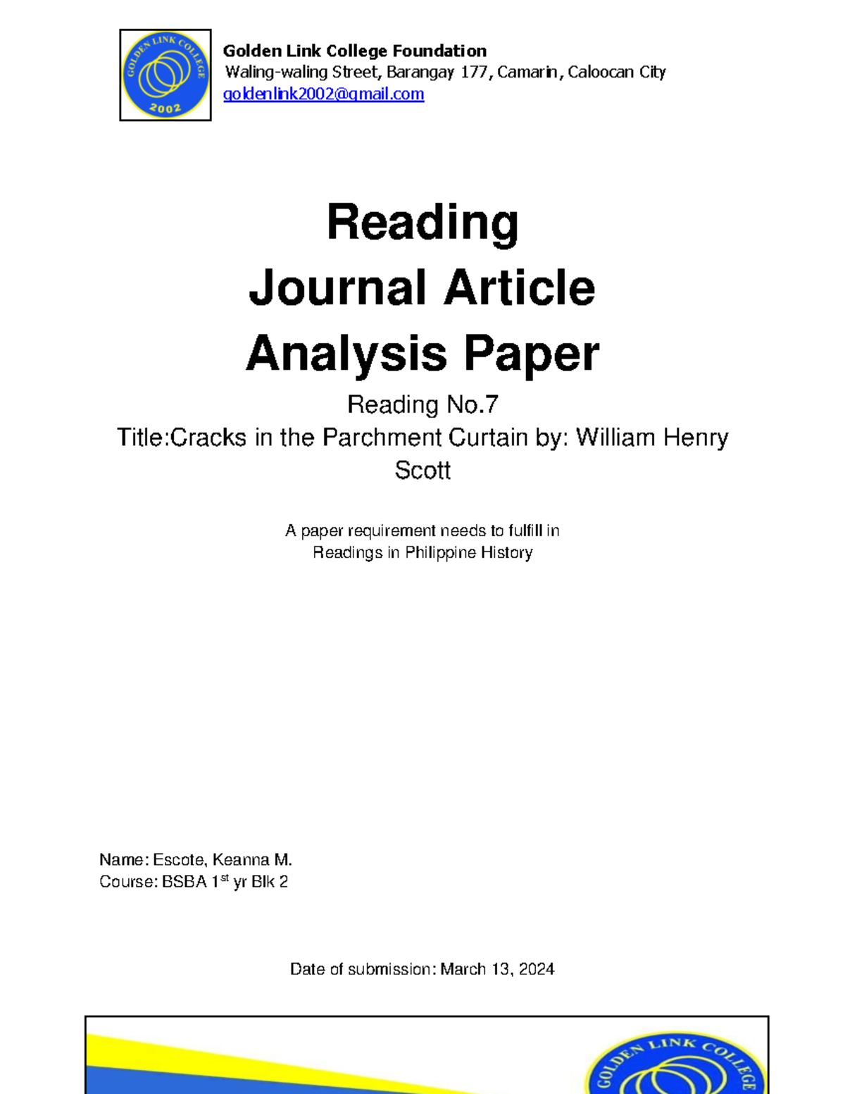 Reading Journal Article Analysis Paper Format 1 - Waling-waling Street ...
