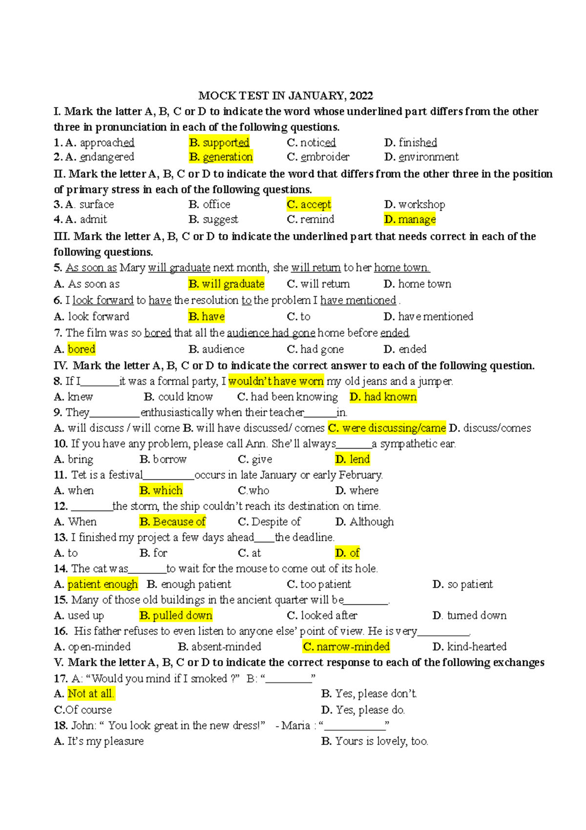 MOCK TEST Tháng 1 - Practice test for students Practice test for ...