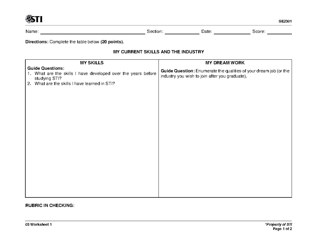 03 Worksheet 1(6) - laboratory exercises - GE 2301 03 Worksheet 1 ...