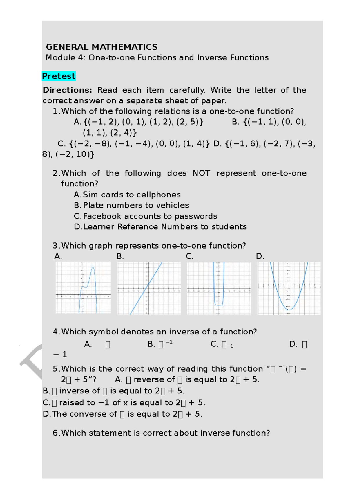 General MATH Module 4-One-to-one Functions and Inverse Functions ...