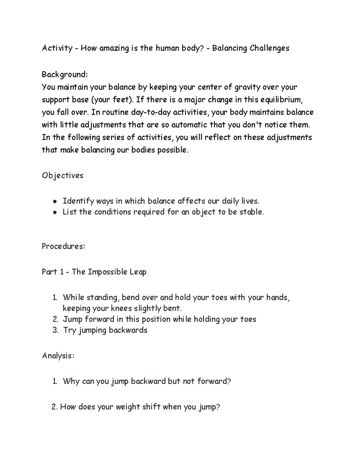 Activity - Balancing Challenges - Activity - How amazing is the human ...