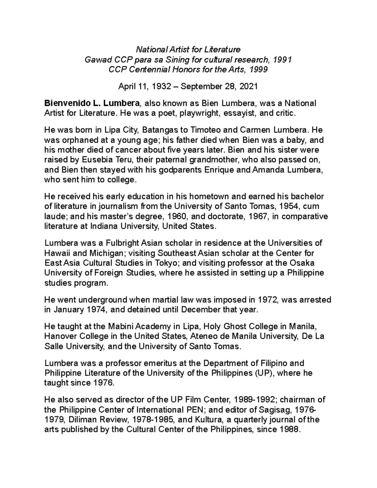 National Artist for Literature Bienvenido Lumbera - National Artist for ...