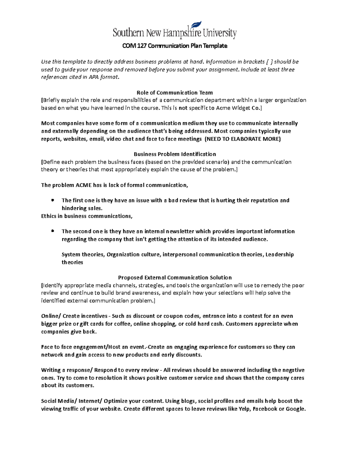COM 127 Communication Plan Template - COM 127 Communication Plan ...