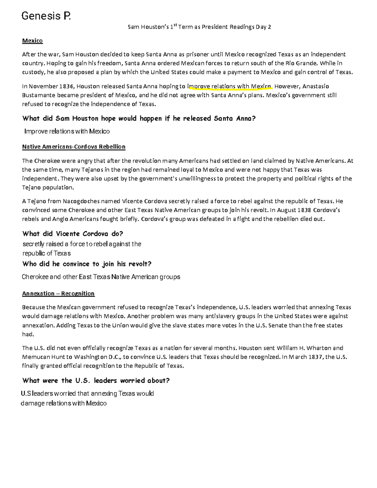 Genesis Paredes - On level Day 2 Activity Sam Houston - Sam Houston’s ...