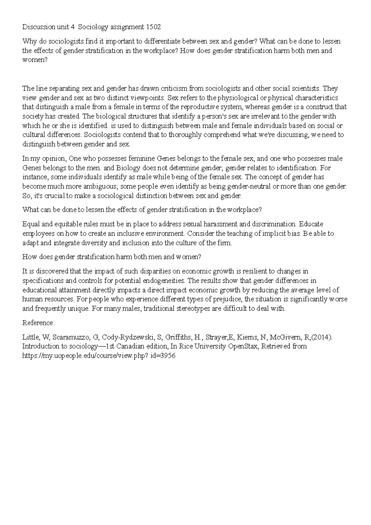 Discussion unit 4 Sociology assignment 1502 - 1502-01 - UoPeople - Studocu