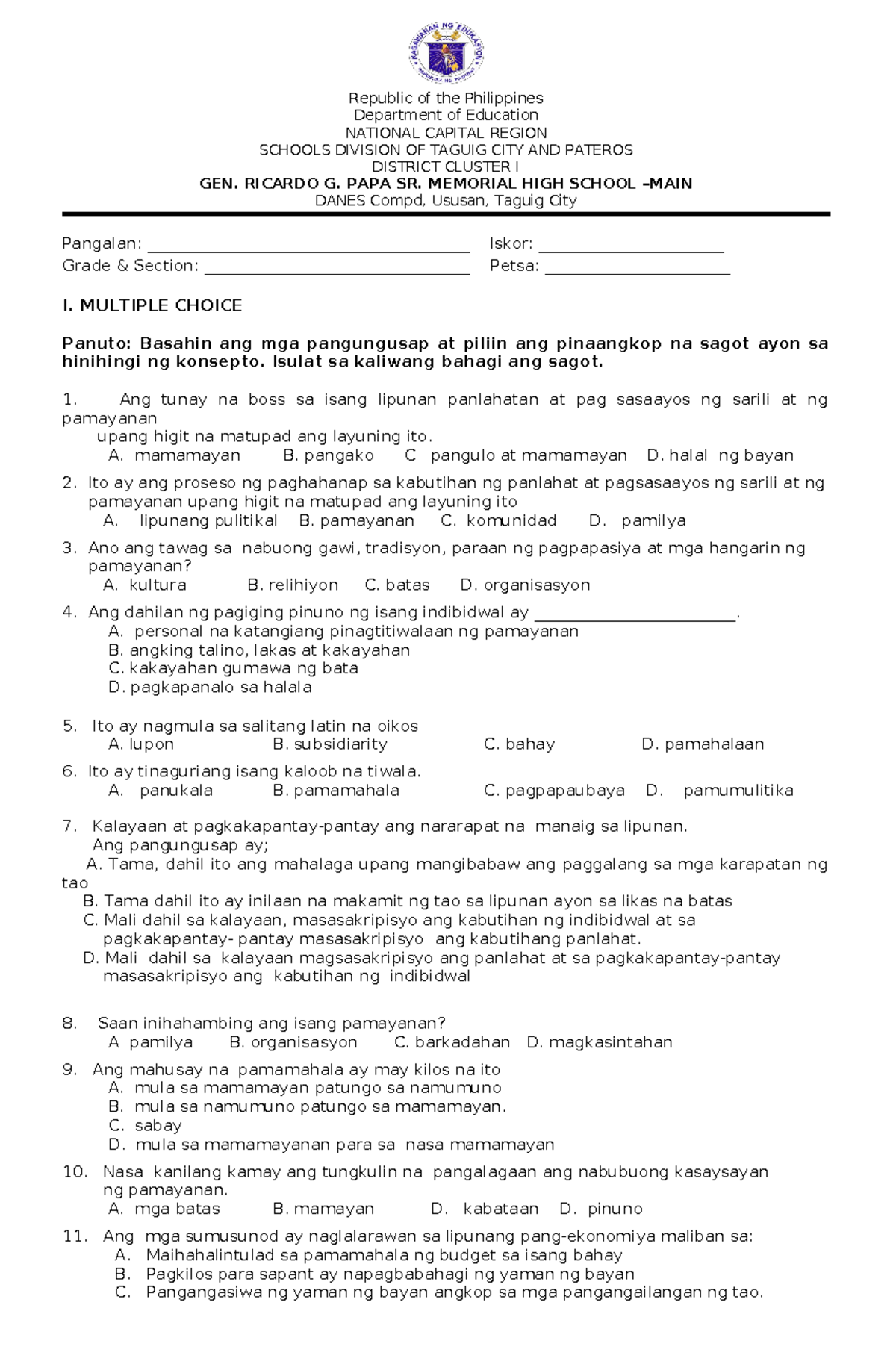 Grade-9- 1st-Quarter-Test-with-TOS-Answer-Key - Republic of the ...