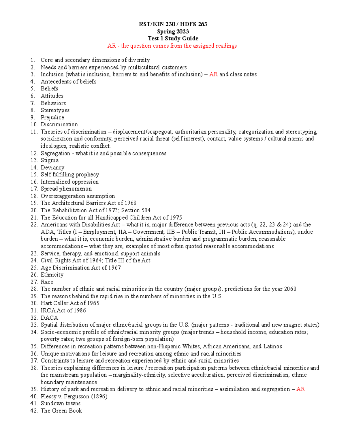 RST 230 Exam 1 study guide - RST/KIN 230 / HDFS 263 Spring 2023 Test 1 ...