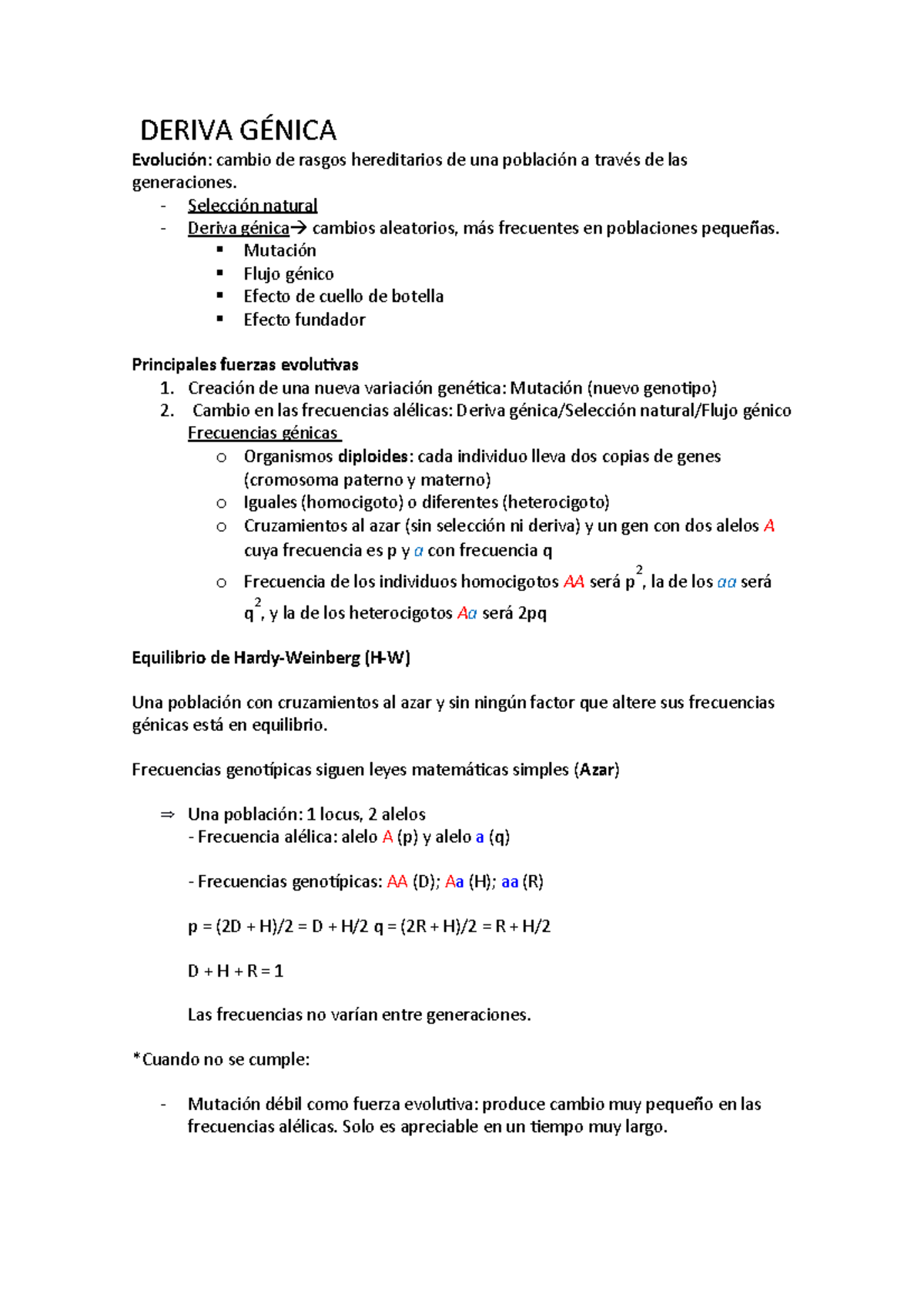 Apuntes de deriva génica - DERIVA GÉNICA Evolución: cambio de rasgos ...
