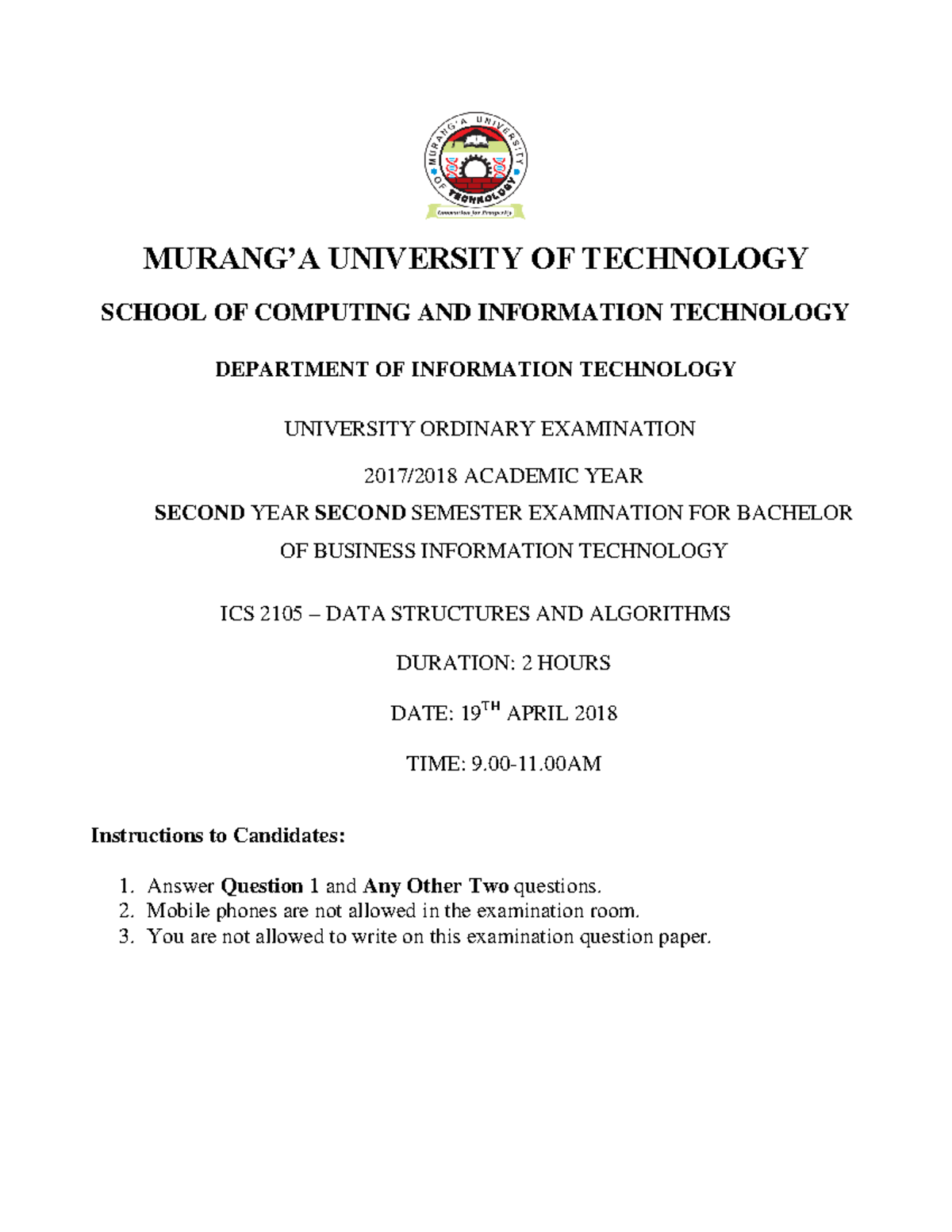 Ics 2105 Data Structures And Algorithm Muranga University Of Technology School Of Computing 