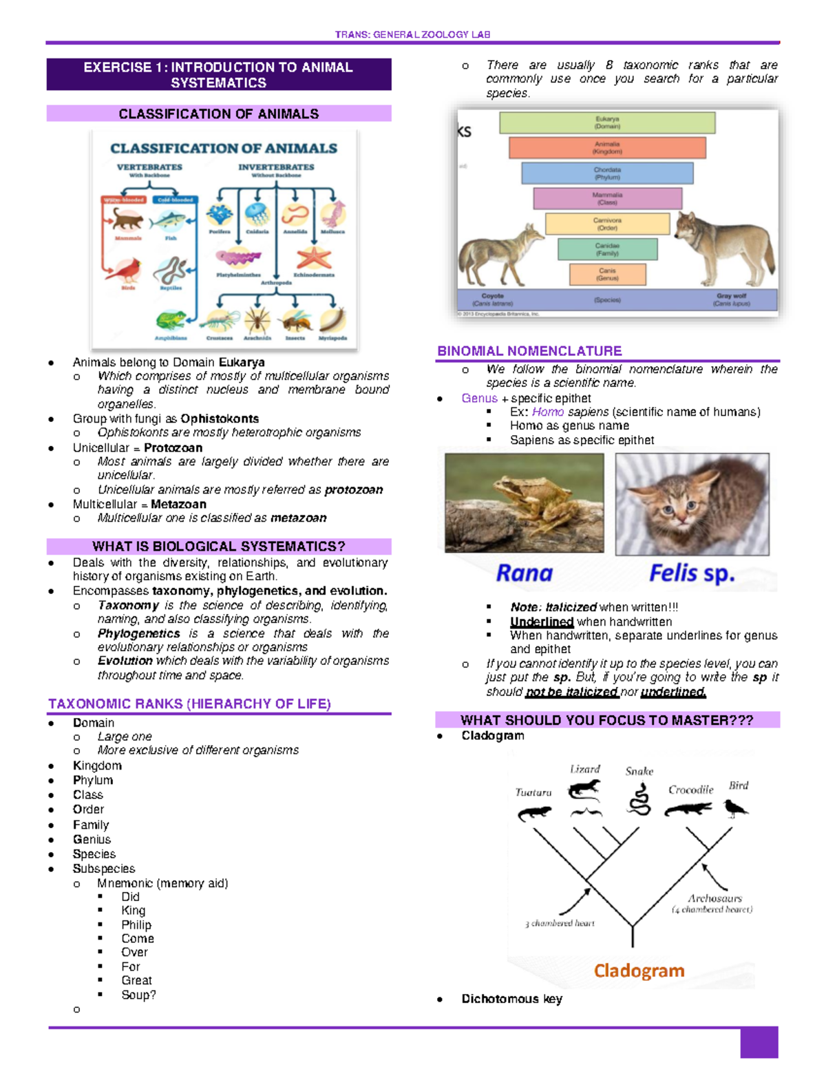 Zoology lab transes - zoo lab trans - EXERCISE 1: INTRODUCTION TO ...