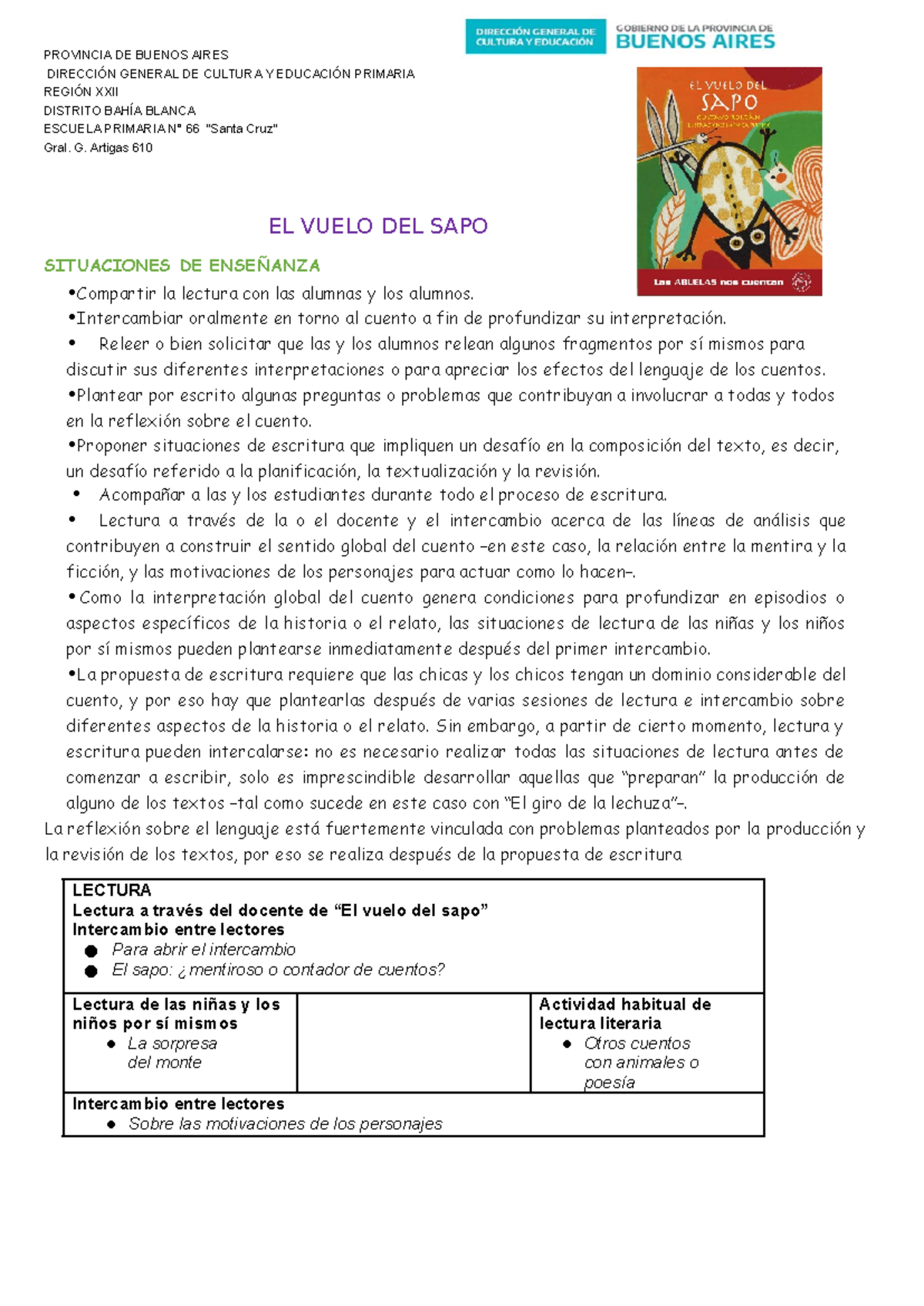 EL Vuelo DEL SAPO 4º A Y B - PROVINCIA DE BUENOS AIRES DIRECCIÓN ...