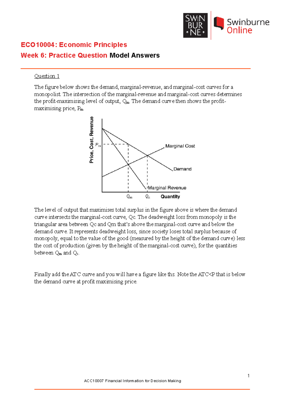 ECO10004 practice questions model answers week6 - ECO10004: Economic Principles Week 6: Practice ...