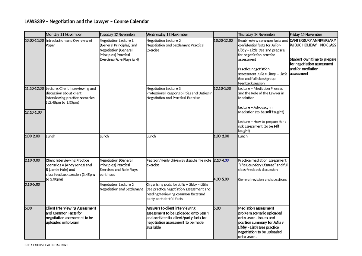 BTC 1 Course Calendar 2024 - LAWS339 – Negotiation and the Lawyer ...