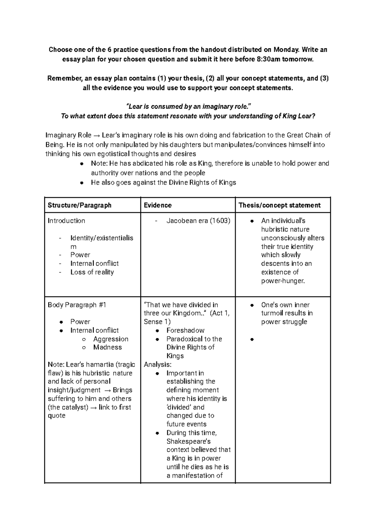 Lear Essay Plan #1 - Choose one of the 6 practice questions from the ...