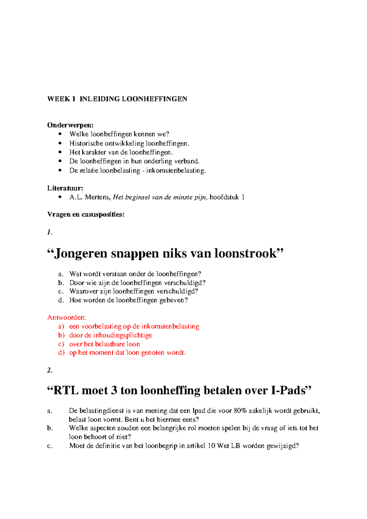 Verplichte Vragen Loonheffingen Week 1 - WEEK 1 INLEIDING LOONHEFFINGEN ...