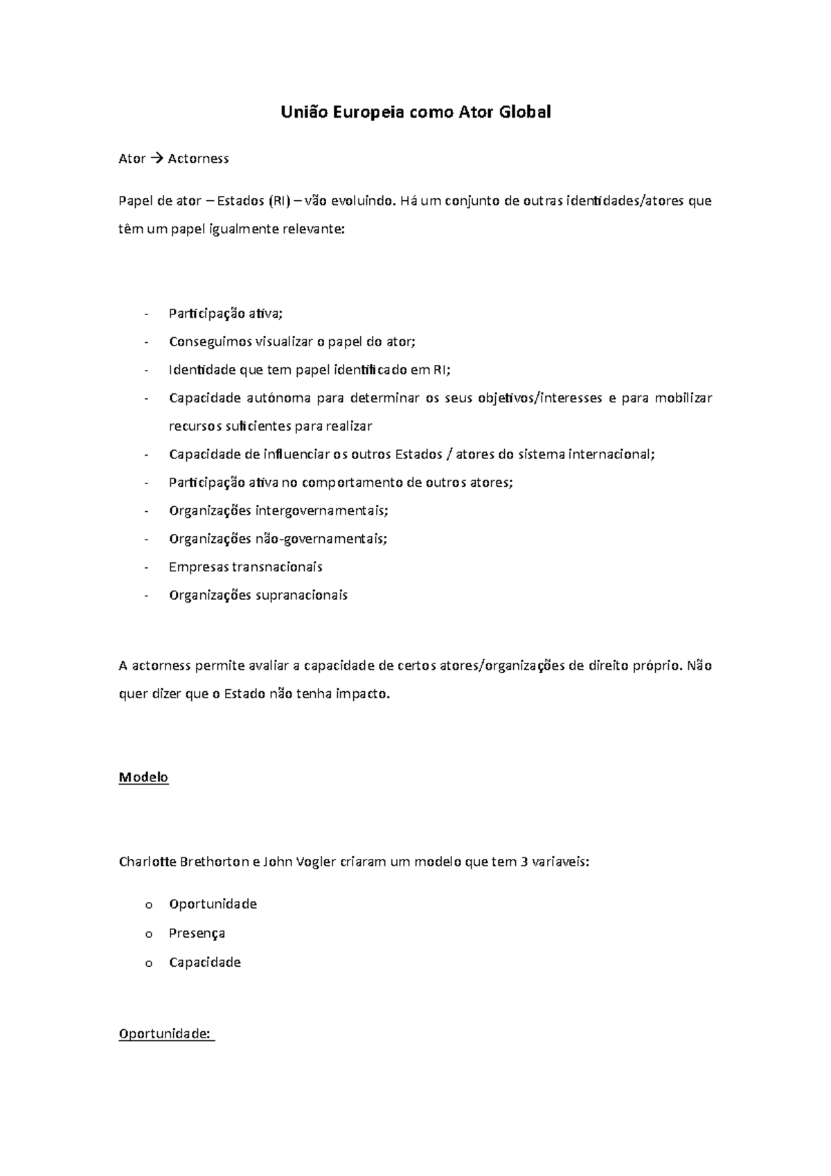 UEAG - Apontamentos. - União Europeia como Ator Global - UC - Studocu