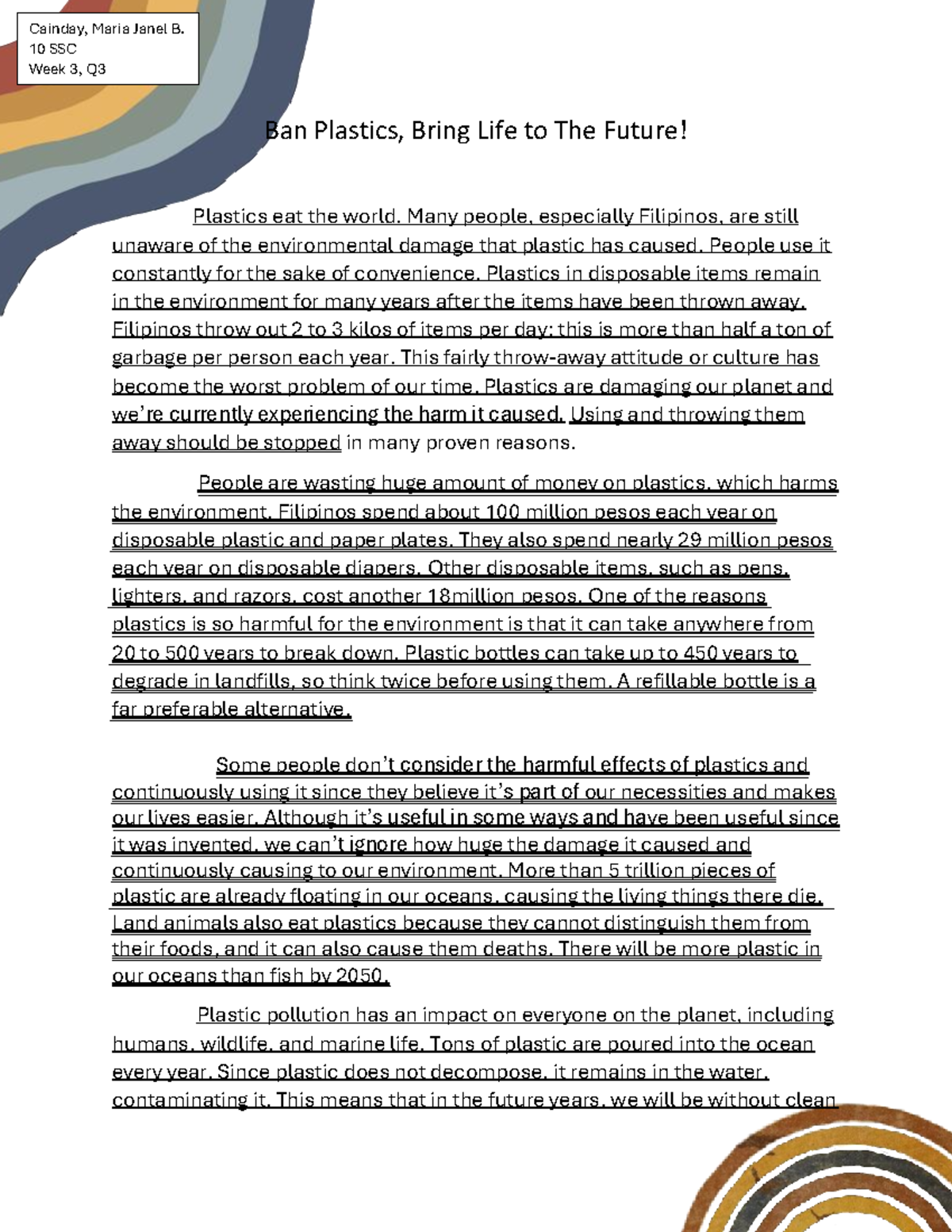 W3, Q3 plastic essay - Lecture - Ban Plastics, Bring Life to The Future ...