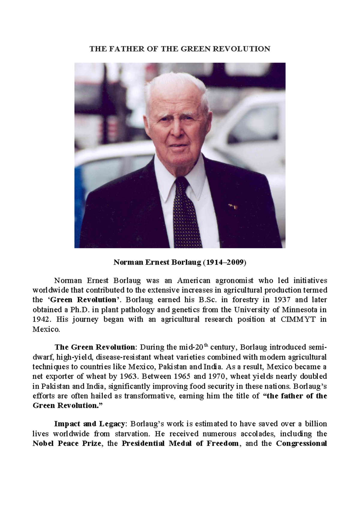 Norman Borlaug - N E B - THE FATHER OF THE GREEN REVOLUTION Norman ...