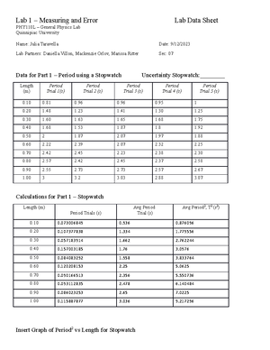 Physics Lab 1 - Lab 1 - Measuring and Graphing 1 Rebecca Gotthelf 9/13 ...