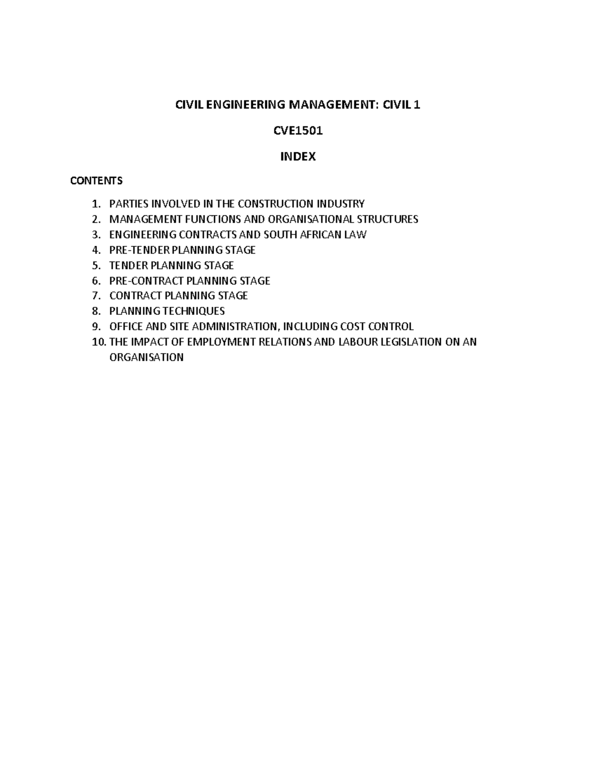Week 1-1 - ASSIGNMENT - CIVIL ENGINEERING MANAGEMENT: CIVIL 1 CVE INDEX ...