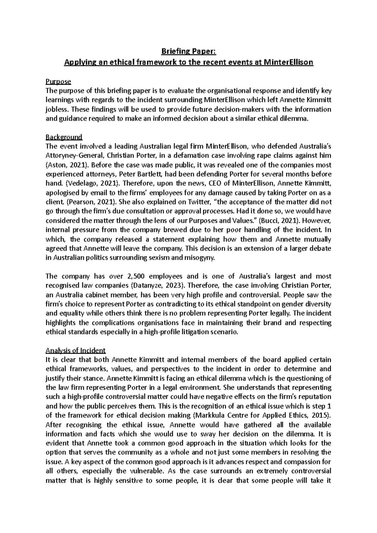 Case Study - Briefing Paper: Applying an ethical framework to the ...